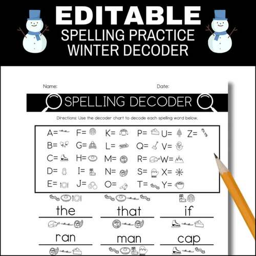 Editable Spelling Practice Winter Decoder, Editable Spelling List Template