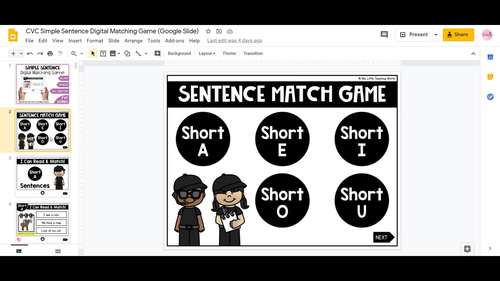 Distance Learning CVC Sentence Matching Game (Google Slides) | TPT