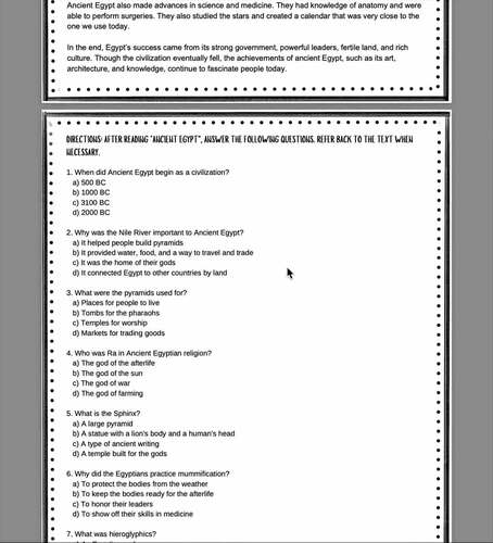Ancient Egypt Reading Comprehension Worksheet | Social Studies & Writing