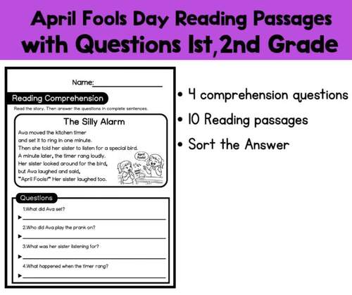 April Fool's Day Short Answer Reading Passages | 1st & 2nd Grade Worksheets