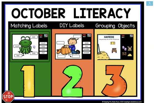 Kindergarten Fall Literacy Boom Cards™ - Reading - Labeling - Language Arts