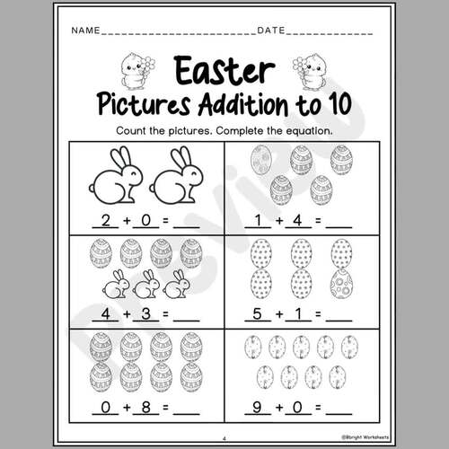 Easter Picture Addition to 10 Worksheets | Missing Addends | Grade K-1 ...