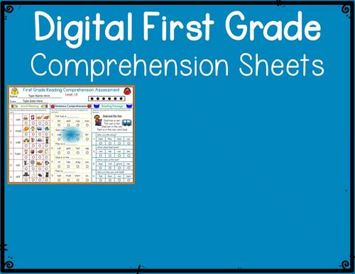 Digital First Grade Monthly Reading Comprehension Assessments & Data Sheets