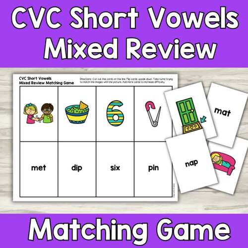 CVC Short Vowels Review AEIOU Matching Game | Kinder 1st 2nd grade Center