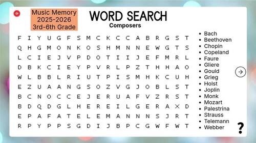 Music Memory Word Search: 3rd-6th Grade (2025-2026)- 2 pages | TPT