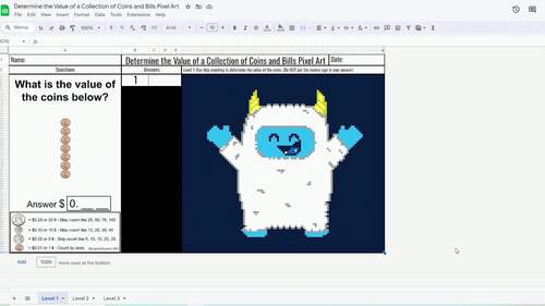 Google Sheets Pixel Art Determine the Value of Coins and Bills TEKS 3.4C