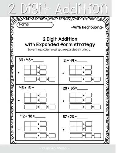 2 Digit Addition With Expanded Form Strategy With Regrouping Workheet