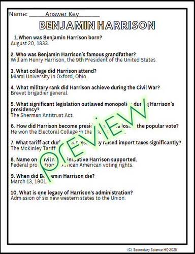 Benjamin Harrison US President Study Guide & Worksheet Coloring and ...