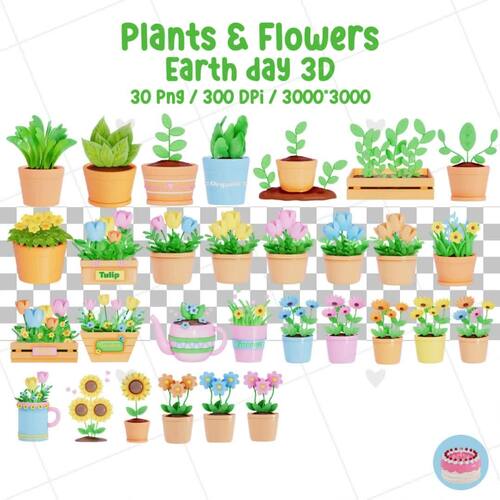 Earth day - Cute Plants & Flowers Clipart Set 30 PNG 3D Hand-Drawn