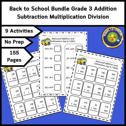 Back to School Bundle Grade 3 Addition Subtraction Multiplication Division