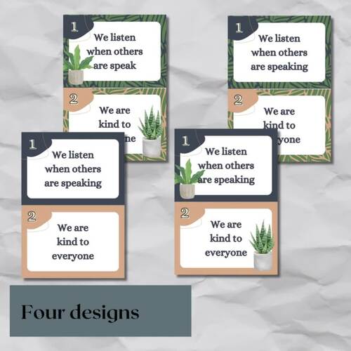 Classroom rules and voice levels for a calm plant themed classroom