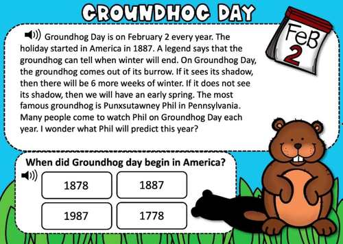 Groundhog Day Reading Comprehension Digital Boom Cards by 3rd Grade Engaged