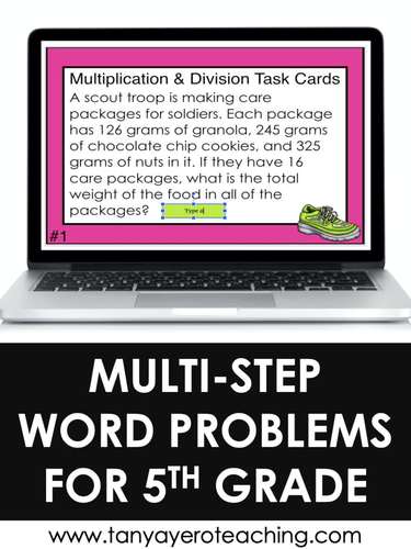 5th Grade Math Word Problems Task Cards Multi-step Math Spiral Review