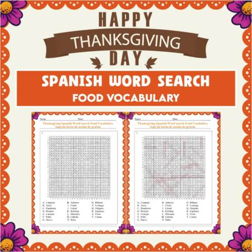 Spanish Thanksgiving Day Word Search Food Sopa de Letas Acción de Gracias