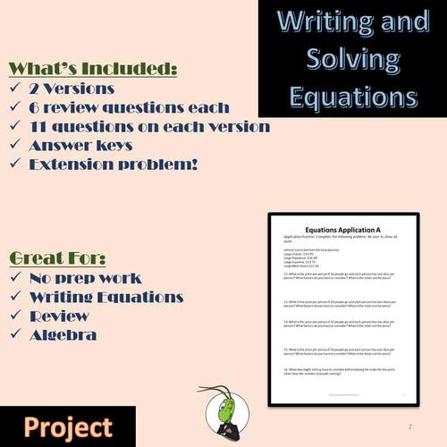 Writing Equations Application Project about Pizza for Algebra | TPT