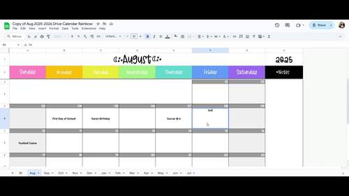 2025-2026 Google Sheets Lesson Planner & Calendar August-July Rainbow