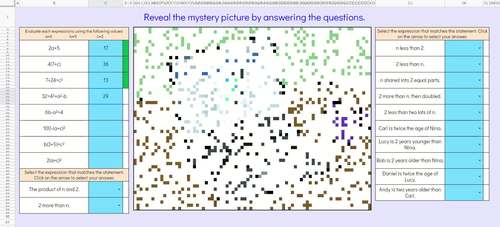 Digital Math Pixel Art Mystery Picture 6th Grade 6.EE.2 Writing Expressions