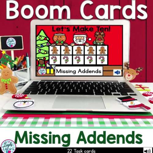 Boom Cards™ Christmas Missing Addends, Using Ten Frames to Add Within 10