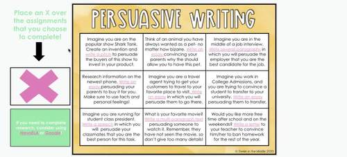 Persuasive Writing Choice Board (Distance Learning) by Swain in the Middle