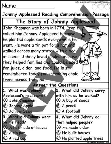 10 Johnny Appleseed Reading Comprehension Passages 1st Grade 2nd Grade ...