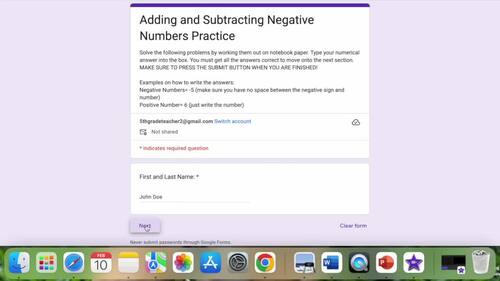 Adding and Subtracting Negative Numbers Google Forms (Self-Grading)