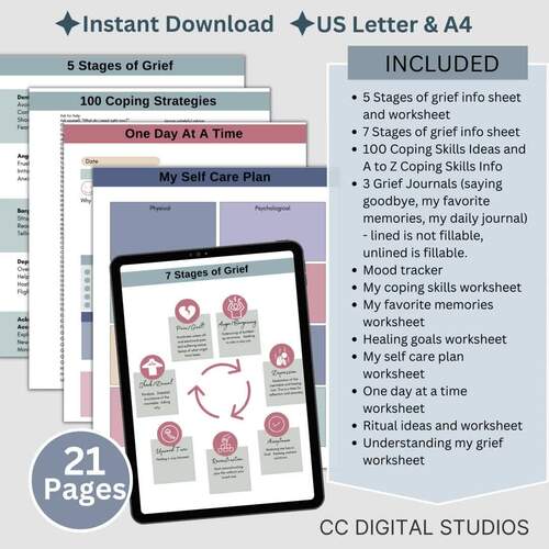 Healing Journal Coping with Grief Therapy Worksheets, Mood Tracker ...