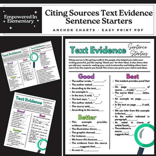 Citing Sources Text Evidence Sentence Starters by Empowered in Elementary