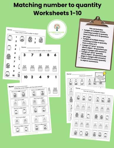 Math-match number to quantity 1-10 worksheets | TPT