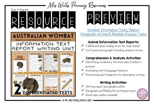 Wombat Information Texts, Report Paragraph Writing & Reading Analysis Tasks