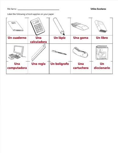 Utiles Escolares - Spanish School Supplies Labeling Printable Worksheet ...