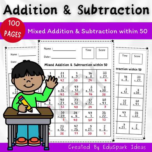 Mixed Addition & Subtraction within 50 – Math Practice Worksheet