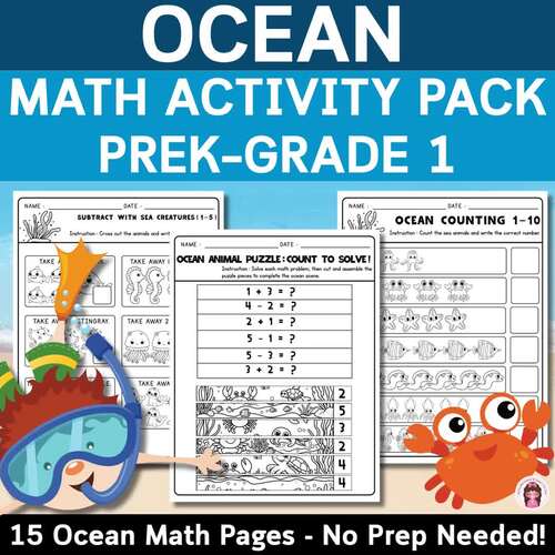 Ocean Math Activity Pack PreK Grade 1 Counting Addition Subtraction ...