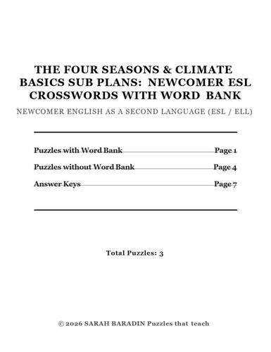 The Four Seasons & Climate Basics Sub Plans: Newcomer ESL Crosswords ...