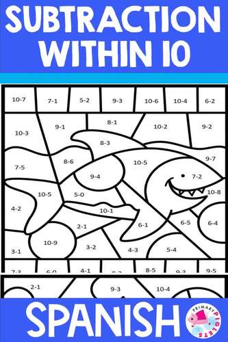 Spanish OCEAN ANIMALS Color by Number Code Subtraction within 10 ...