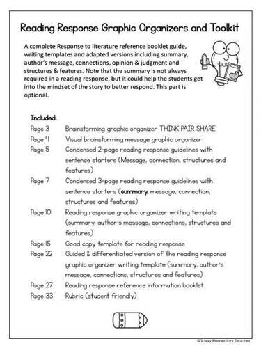 Reading Response Graphic Organizers by Savvy Elementary Teacher | TPT