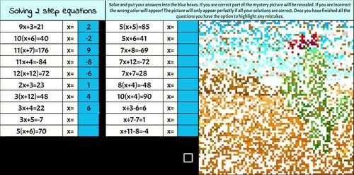 Solving Two Step Equations Pixel Art | Integer Variables | TpT