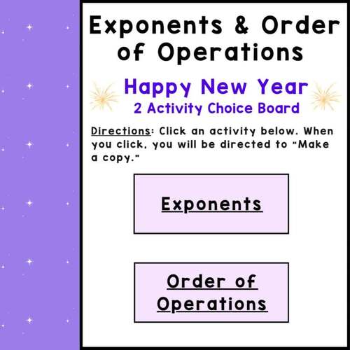 Exponents Order of Operations | New Years Choice Board Math Mystery Picture