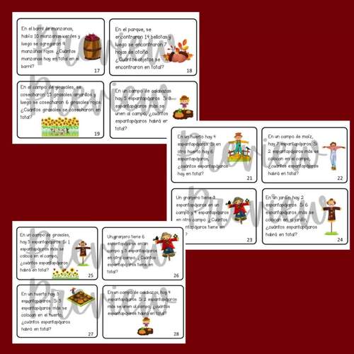 Tarjetas de problemas de sumas para todo el año by Bilingual Teaching ...