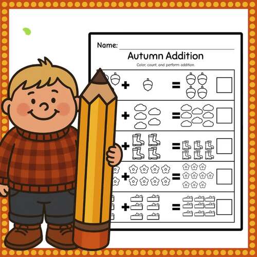 Autumn Picture Addition Worksheets | Fall Math Center for Kindergarten
