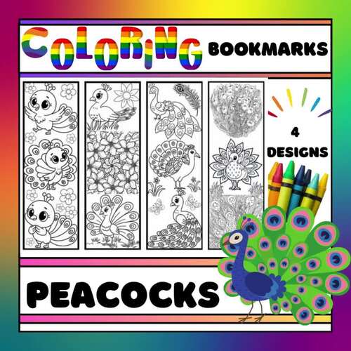 Peacock, Birds, Coloring Bookmarks, 4 Designs, Library Activity, Craft Fun