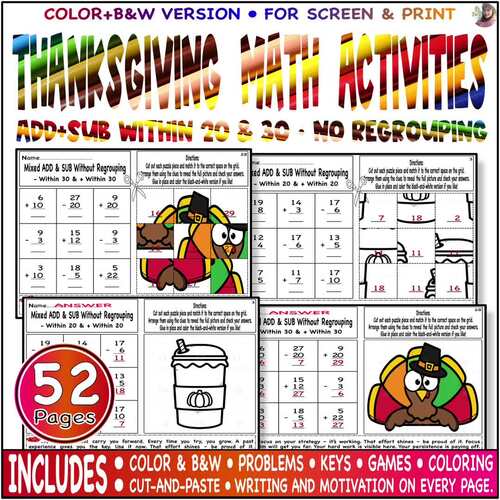 Mixed Add Subtract within 20, 30 without regrouping | Thanksgiving ...