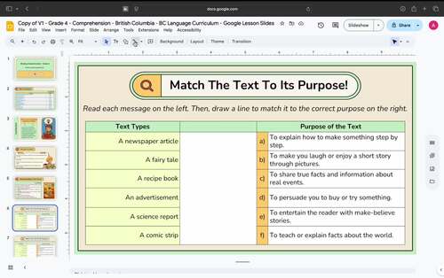 Grade 4 - Reading Comprehension Unit - Google Lesson Slides - BC Language