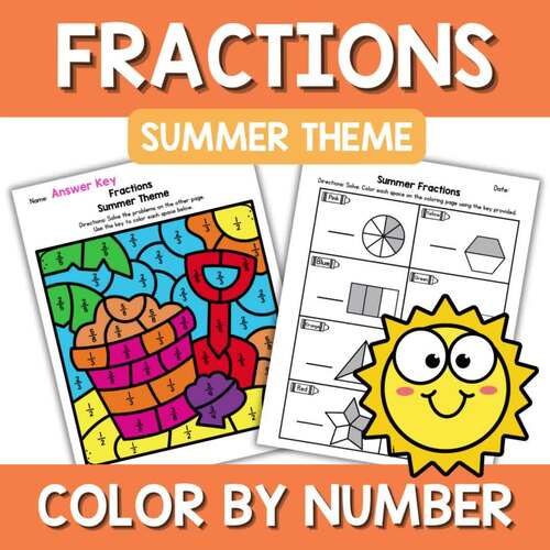 Summer Fractions Color by Number | Math Center Station Activity 2nd 3rd ...