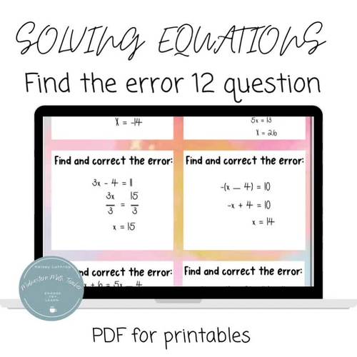 Solving Equations Find the Error Tasks Cards by Midwestern Math Teacher