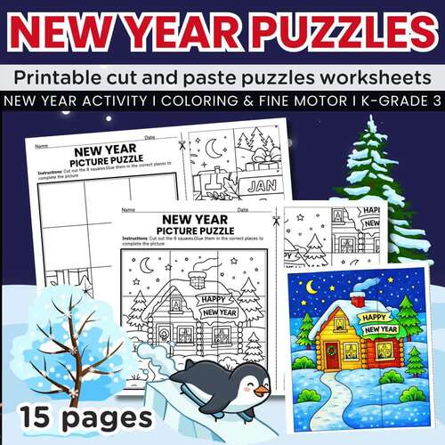 New Year Puzzle Cut and Paste Worksheets, Coloring Puzzles & Fine Motor ...