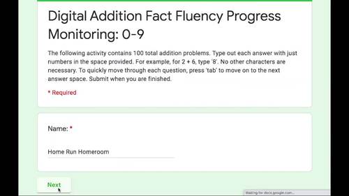 Digital Addition Fact Fluency 0-9 Progress Monitoring - Google Classroom™