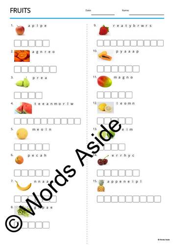 English Vocabulary Worksheets Cards Crossword Word Search Anagram FRUITS