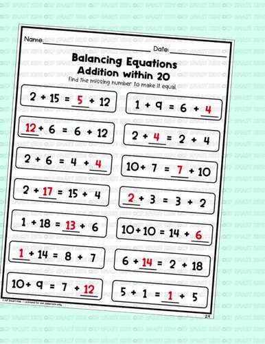 Balancing Equations Addition Within 20 Worksheets Missing Number Math ...