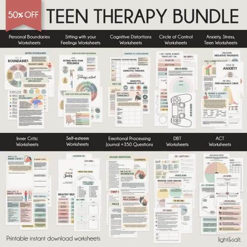 Teen Therapy Mega Worksheet Bundle, 50% off, Teenager Coping skills ...