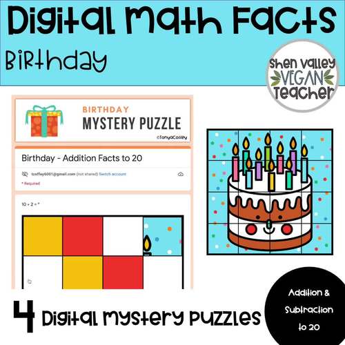 4 Mystery Puzzles Digital Math Facts BIRTHDAY Addition & Subtraction to 20